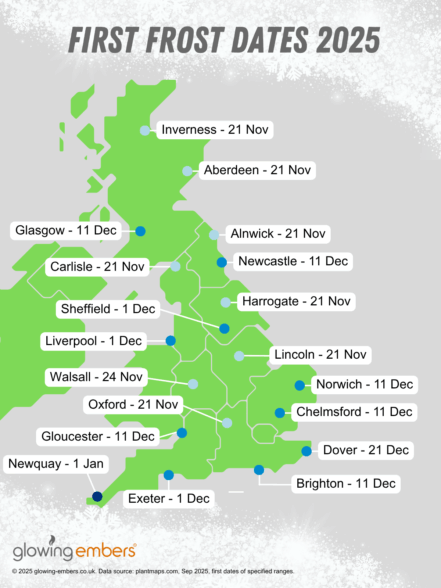 First Frost Dates 2025 – Map & Frost Forecast for UK - Glowing Embers